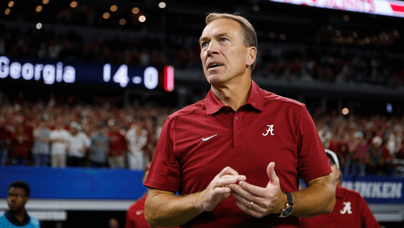 Alabama football coach Kalen DeBoer trails Georgia 14-0 at halftime ...