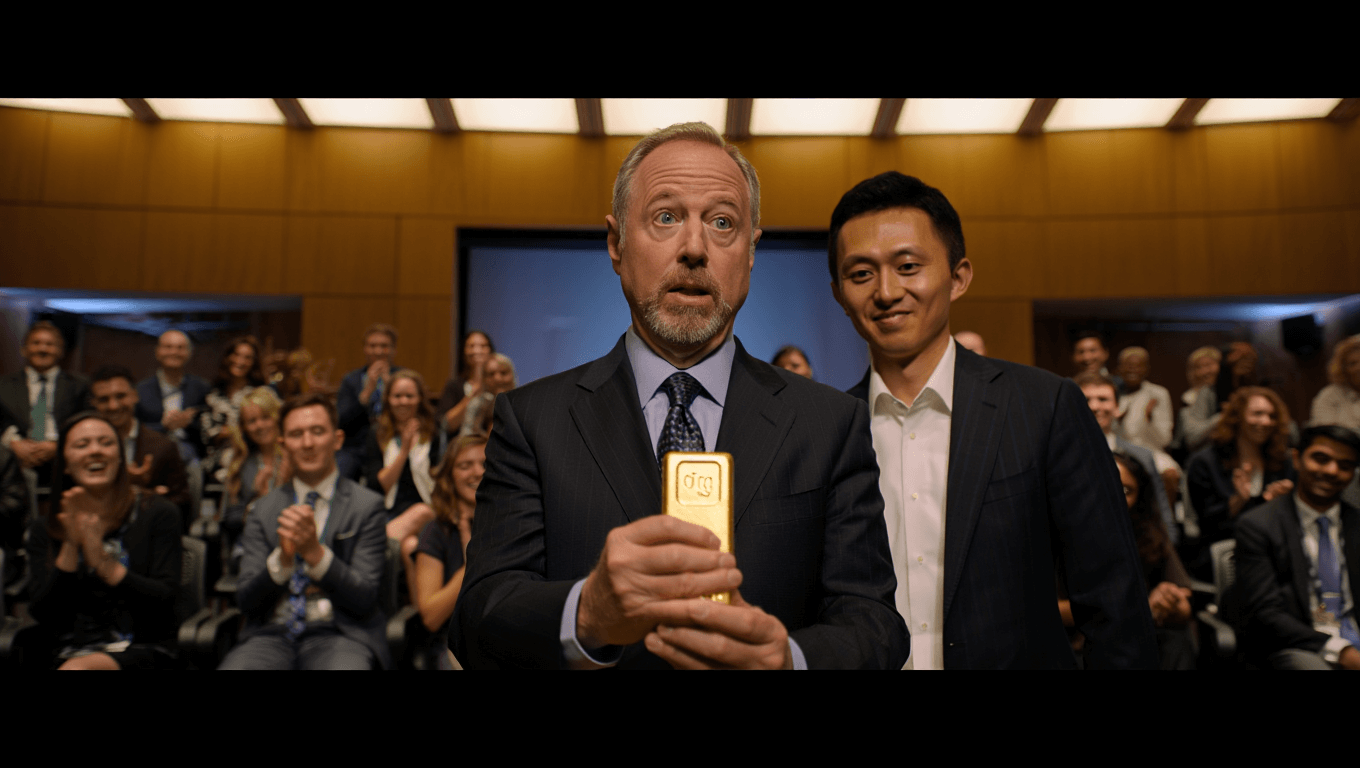 Peter Schiff flustered when CZ hands him gold bar on stage: "I don't ...